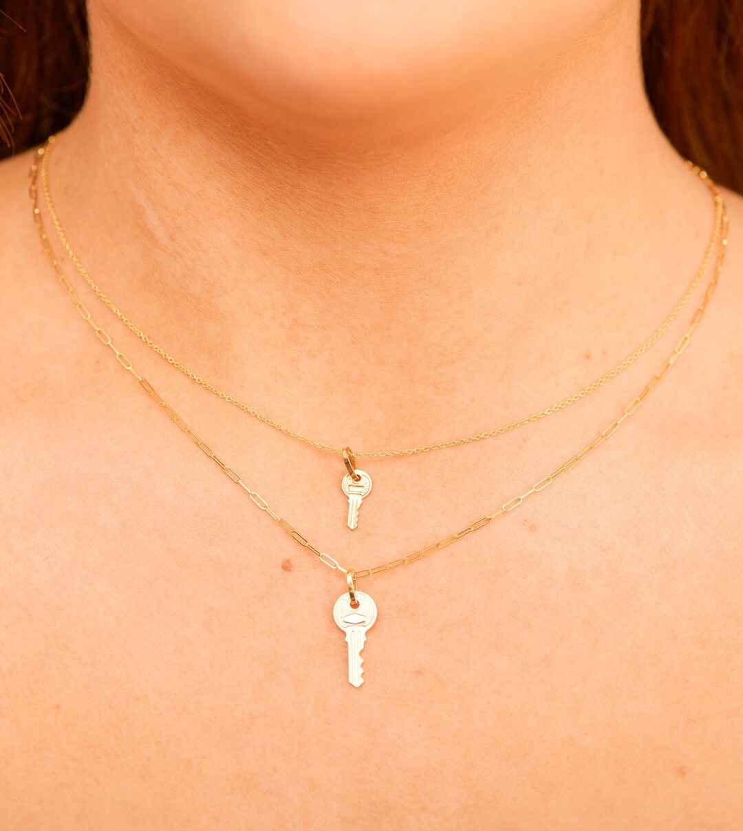 14k Gold Key Charm Necklace / 14k Yellow Gold Key Charm Pendant ...