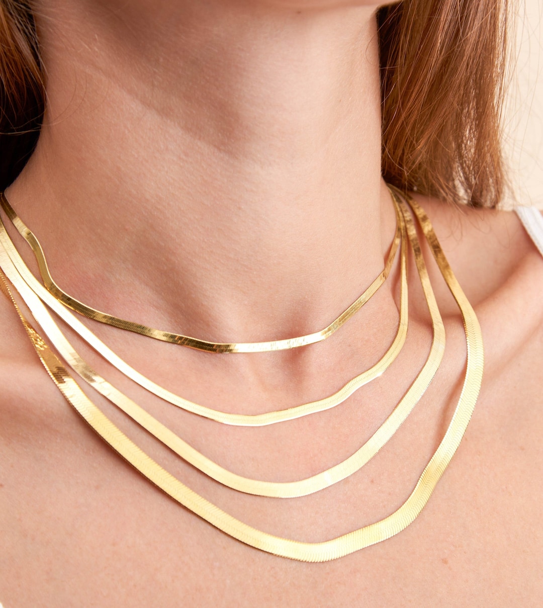 Gold Herringbone Chain Necklace 14k Gold Plated 925 Sterling Silver 16 18 20 Inch Flat