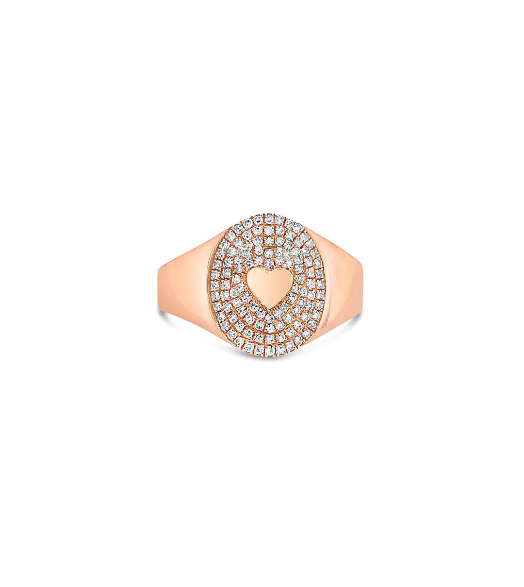 Diamond Heart Pinky Ring / Diamond Signet Ring / Solid 14k Gold Yellow ...