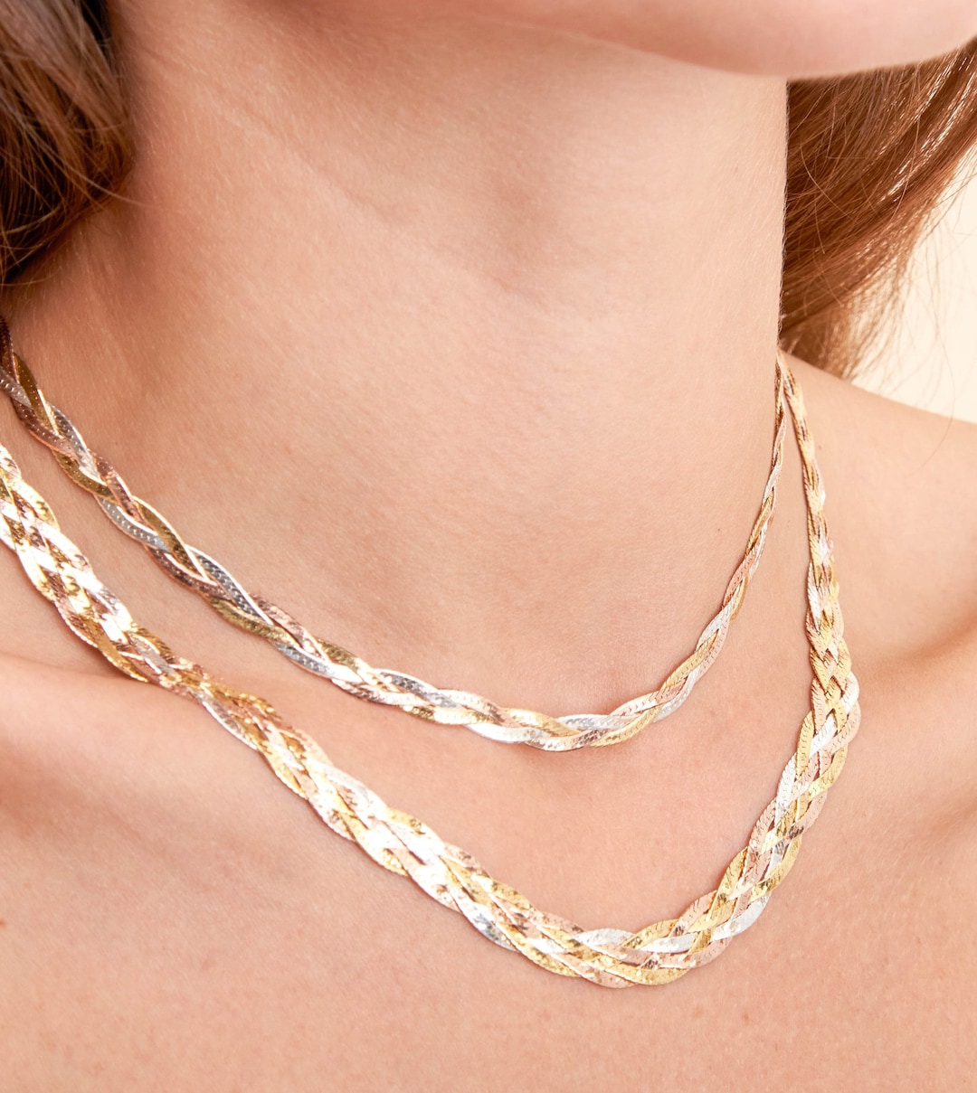Tricolor Gold Braided Herringbone Chain Necklace / 925 Sterling Silver ...