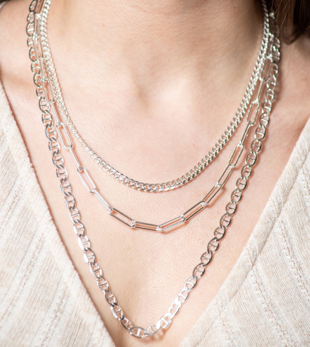 Silver Chain Necklace Set / Layering / Miami Cuban Curb / - Etsy