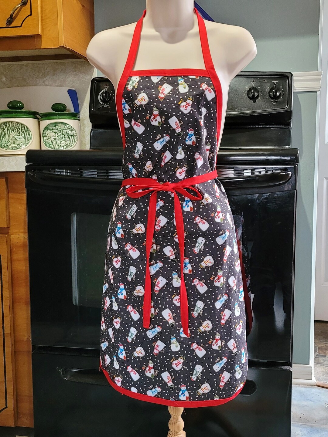 Women's Snowman Full Apron Winter Apron Unlined Black With Wrap Around ...