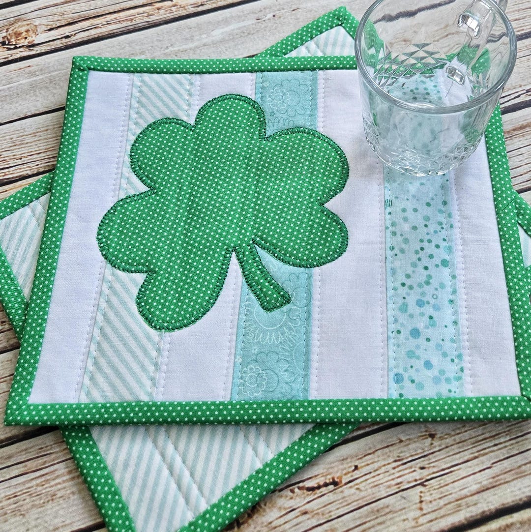 St. Patrick's Day Quilted Green and White Shamrock Appliqued Mug Rug 8 ...