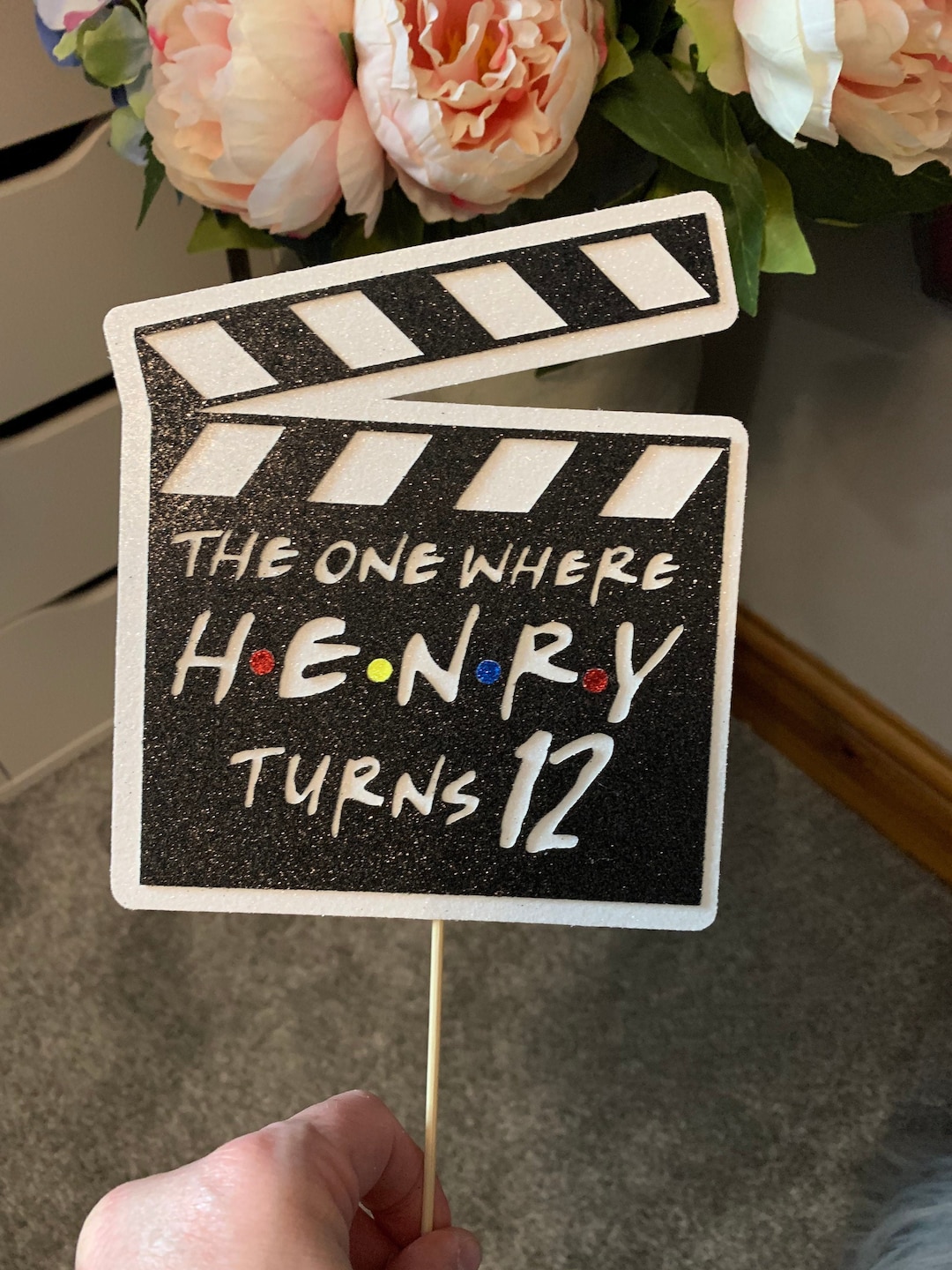 Personalised Clapperboard- Style -glitter Cake Topper- Any Name / Age ...