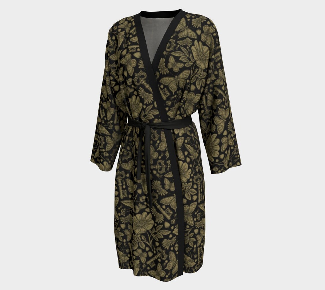 Dark Cottagecore Kimono, Black and Gold Robe, Witchy Robe, Withcore ...