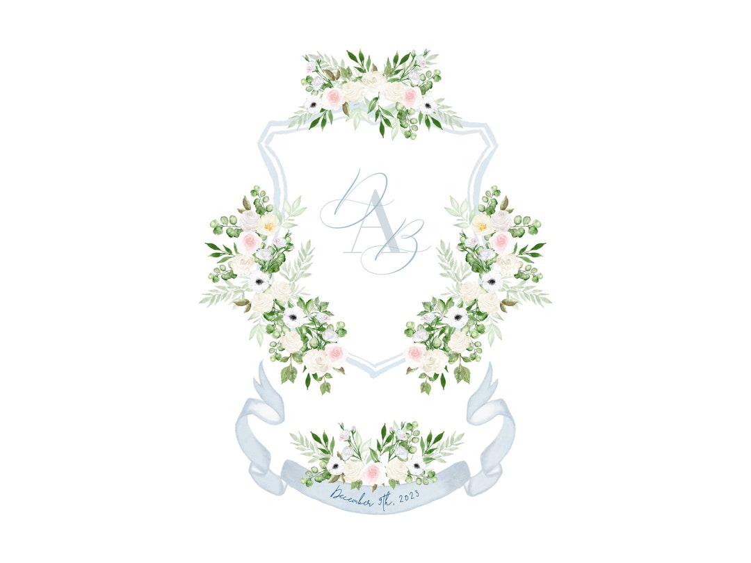 Dusty Blue and White Wedding Crest, White Floral Watercolor Crest - Etsy