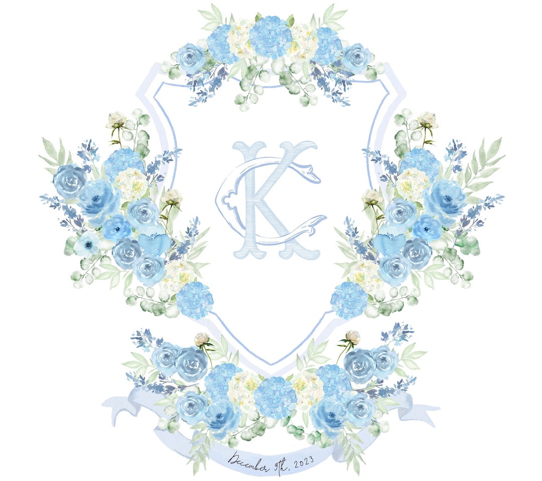 Light Blue Wedding Crest With White Watercolor Flowers - Etsy
