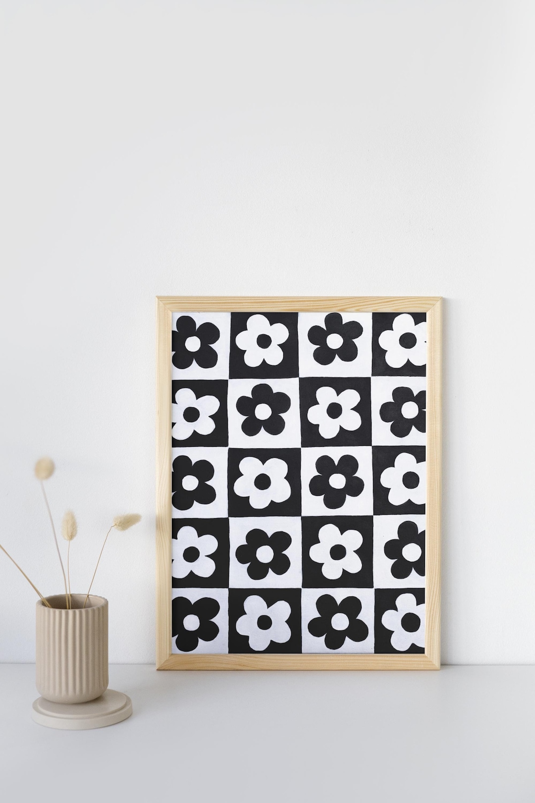Black and White Flower Checker Groovy Print 8x10 - Etsy