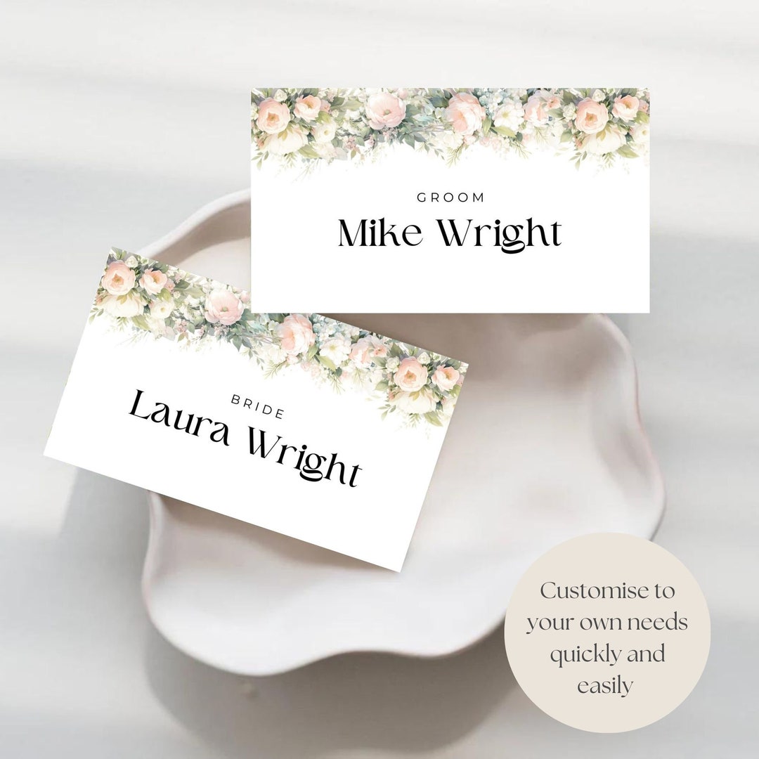 Peach Floral Wedding Name Card, Modern Wedding Place Setting, Editable ...