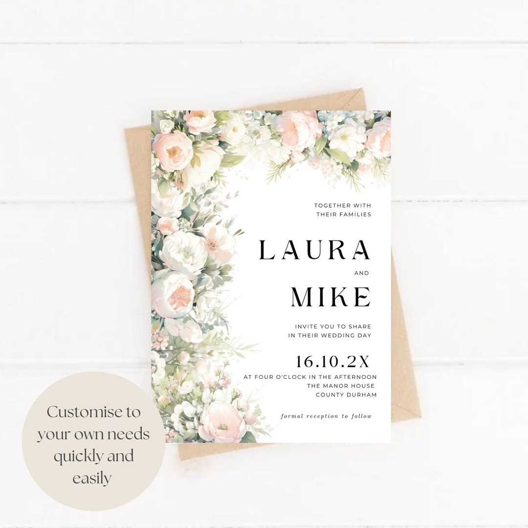 Peach Floral Wedding Invitation , Floral Wreath Wedding Invitation ...