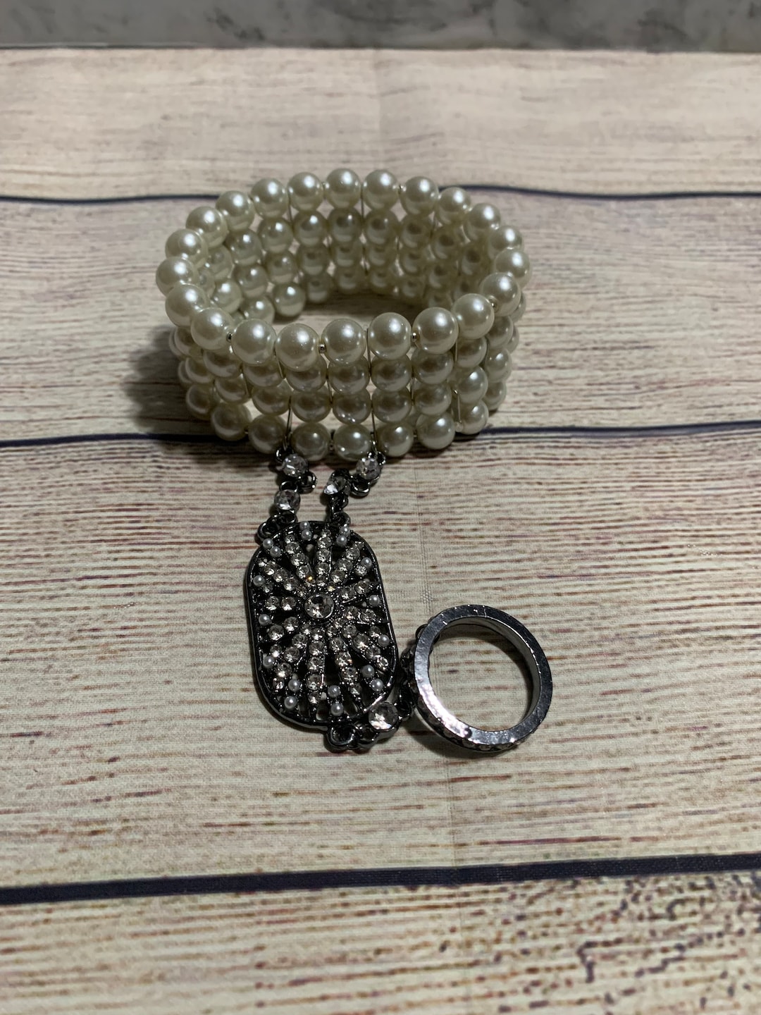 1920s Flapper Bracelet With Ring | Faux Pearl Stacking Bracelet - Etsy