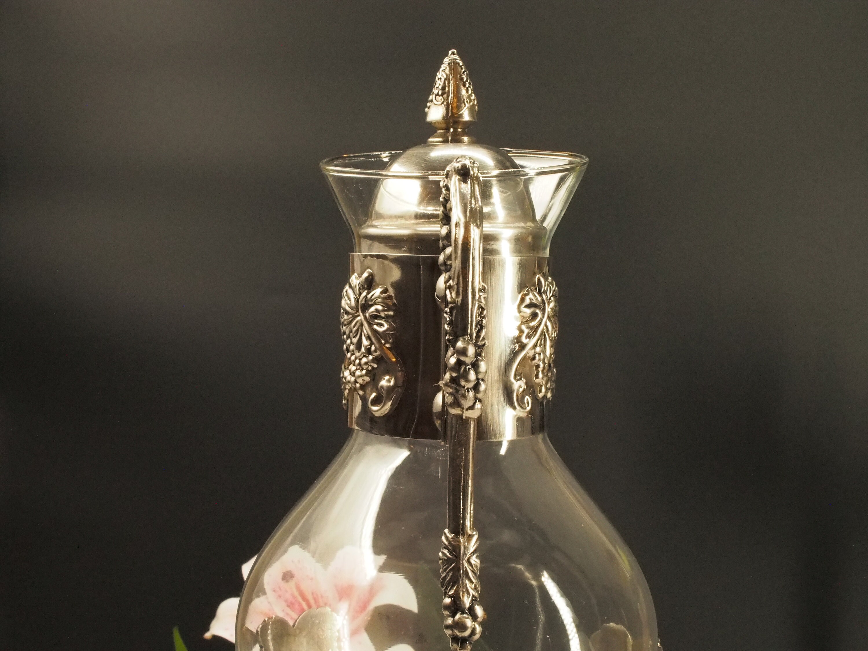 Vintage 1970s Glass Pitcher, French Metal Casting Alloy Carafe, Leaf ...