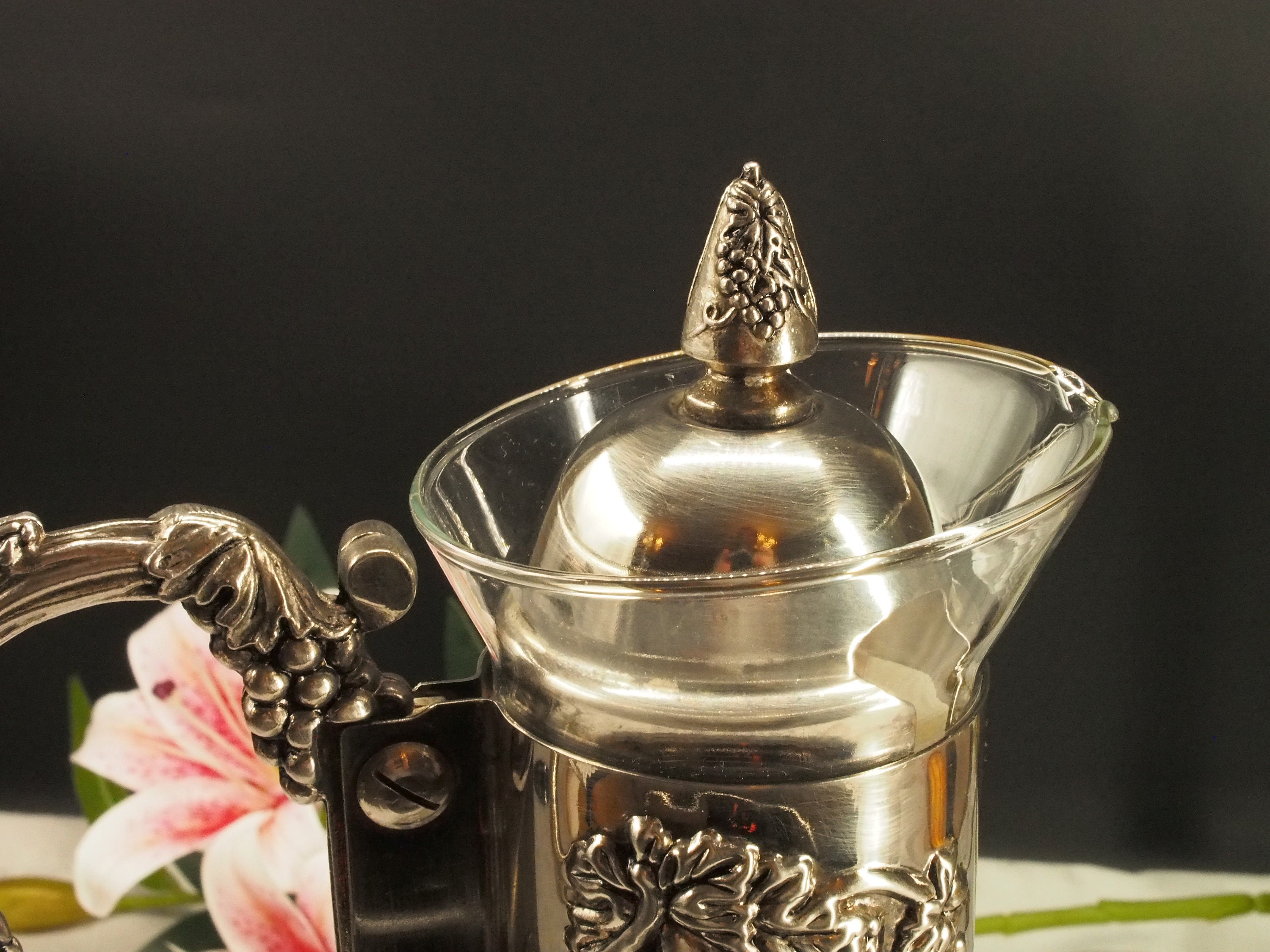 Vintage 1970s Glass Pitcher, French Metal Casting Alloy Carafe, Leaf ...