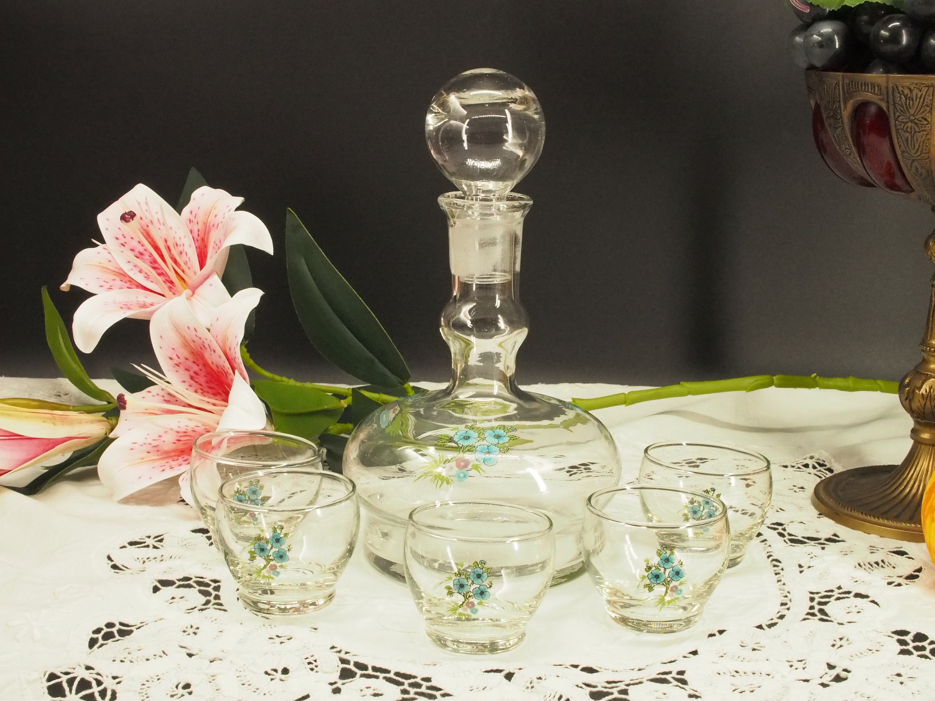 1950s Handmade Barware, Blue Flower Figured Vintage Drinkware ...