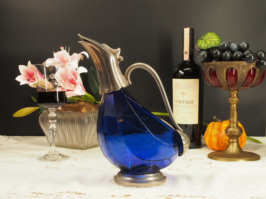 Royal Blue Duck Form Vintage Pitcher, Silver Plated Glass Carafe, Water ...