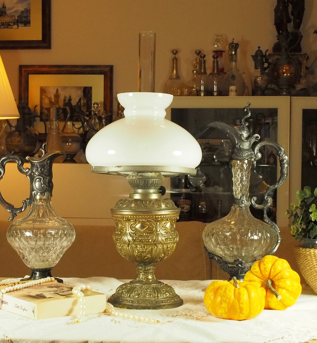 French Antique Oil Lamp, 1900s Vintage Fuel Lamp, Milk Glass Lamp Shade ...