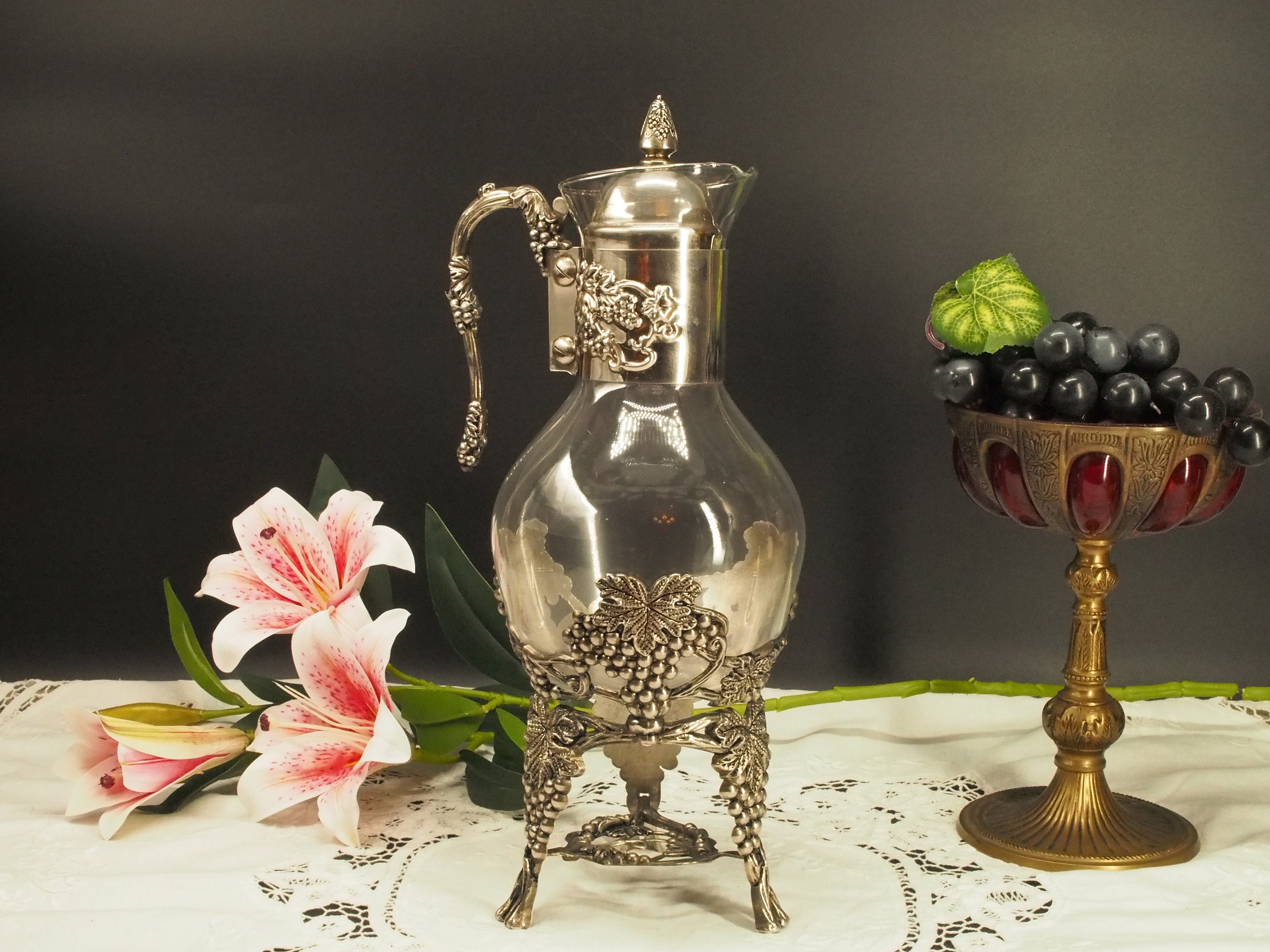 Vintage 1970s Glass Pitcher, French Metal Casting Alloy Carafe, Leaf ...