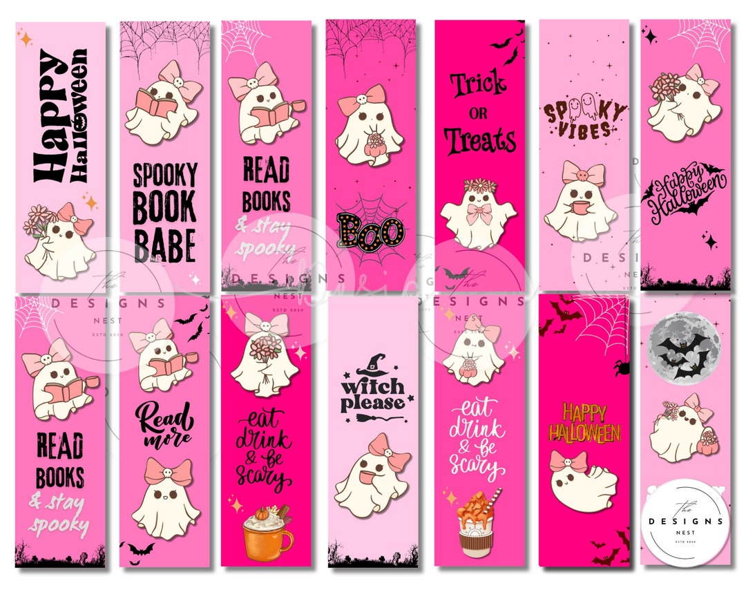 Pink Halloween Bookmark Designs, Ghost Reading Bookmark PNG, Printable ...