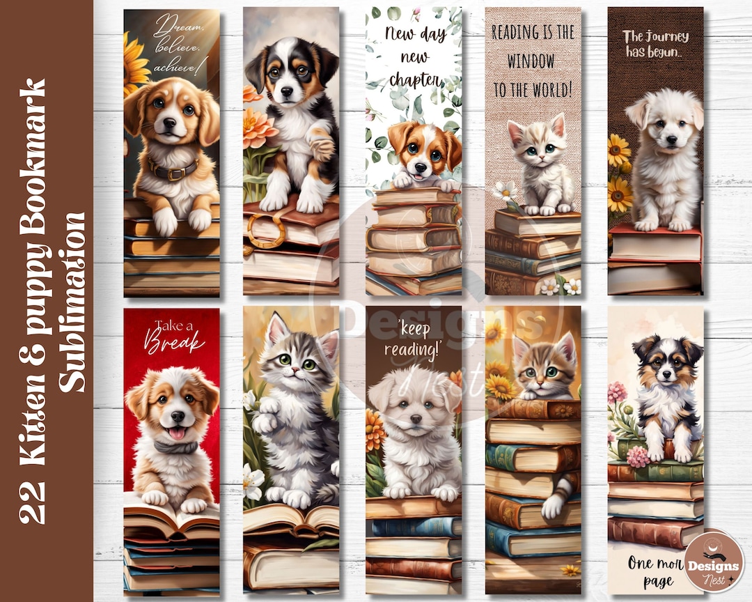 Cute Dog Bookmark Sublimation Designs, Puppy and Kitten Bookmark PNG ...