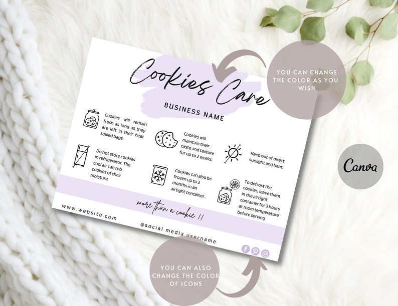 Editable Cookie Care Card in 4 Styles, Printable Cookie Care Template ...