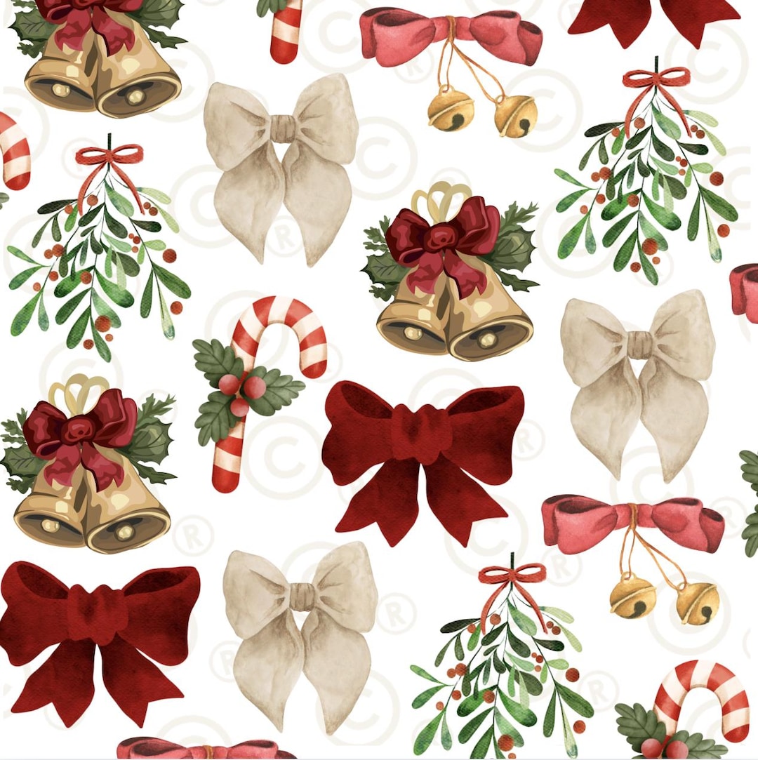 Aesthetic Traditional Christmas Pattern Repeating Bow, Jingle Bell ...