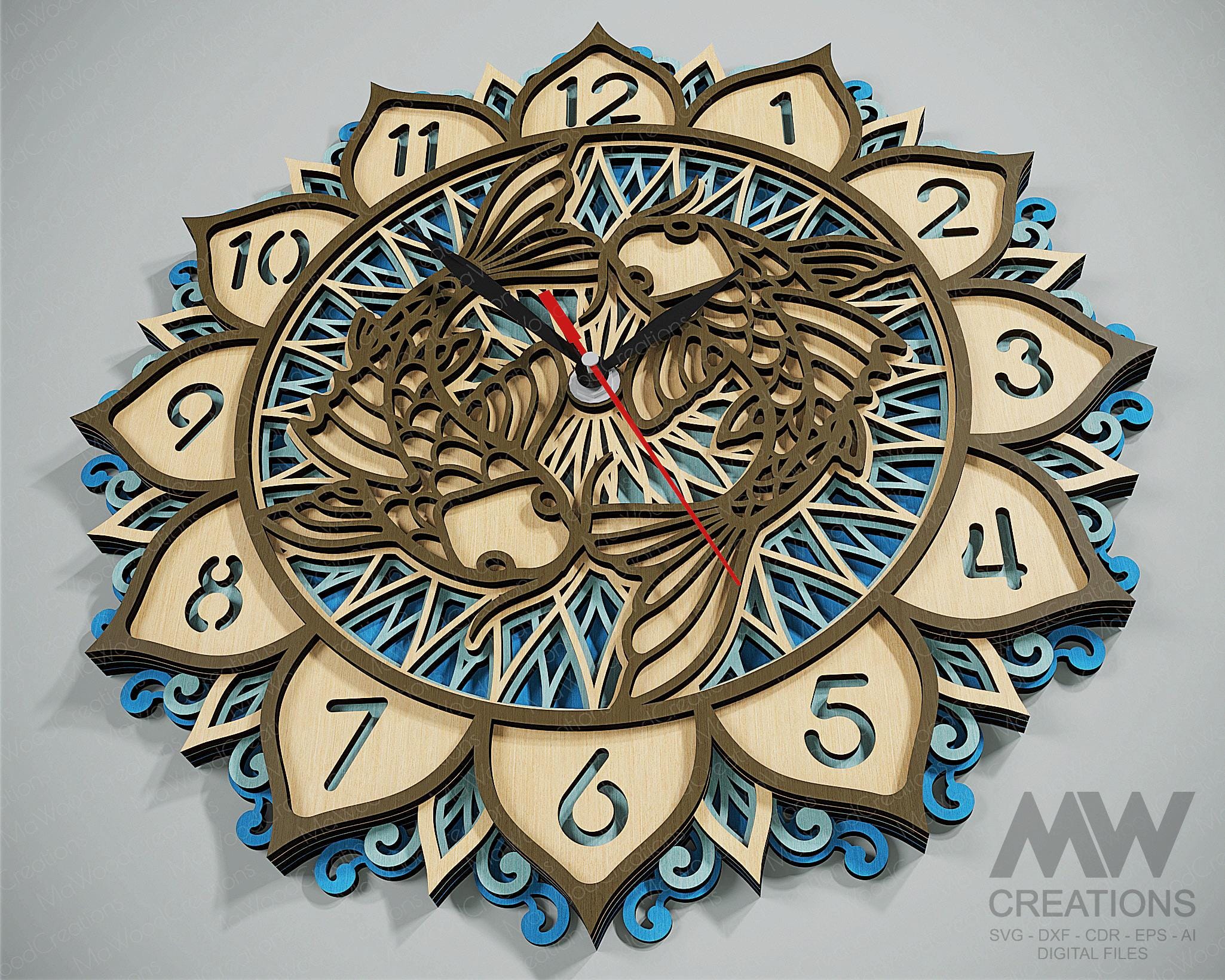 Laser Cut Clock Template Layered Koi Fish Clock Svg Dxf Multi-layer ...
