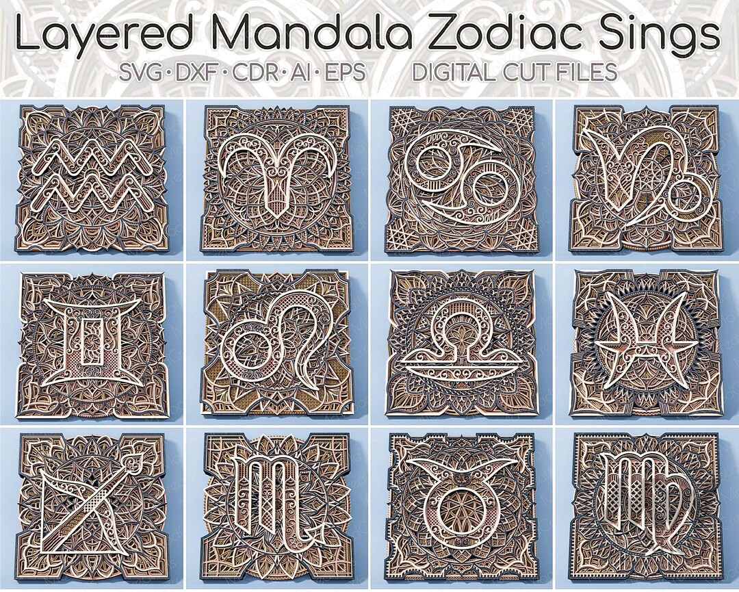 Layser Cut Zodiac Sings Bundle, Multi Layer Zodiac Mandala Svg Dxf ...