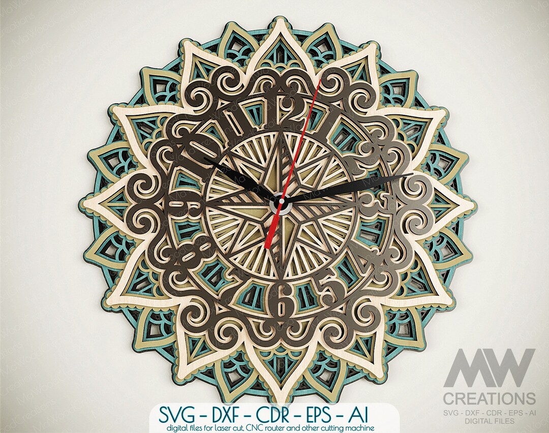 Multi Layer Clock Laser Cut Files, Mandala Clock Svg, 3d Svg Compass ...