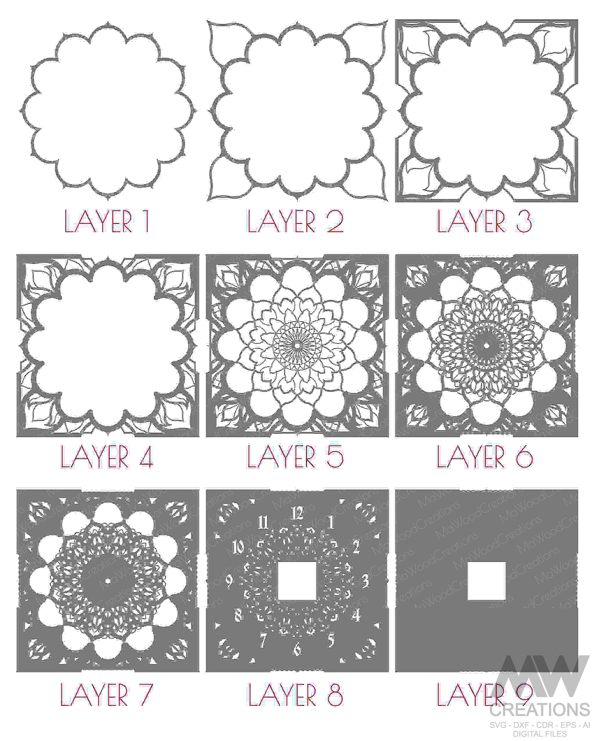 9 Layer Clock Svg 3d Layer Svg Clock Laser Cut Multi-layer - Etsy