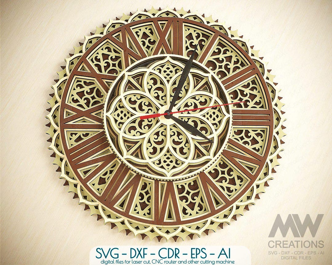 Laser Cut Layered Clock Design With Roman Numerals, 6 Layer Clock Cut ...