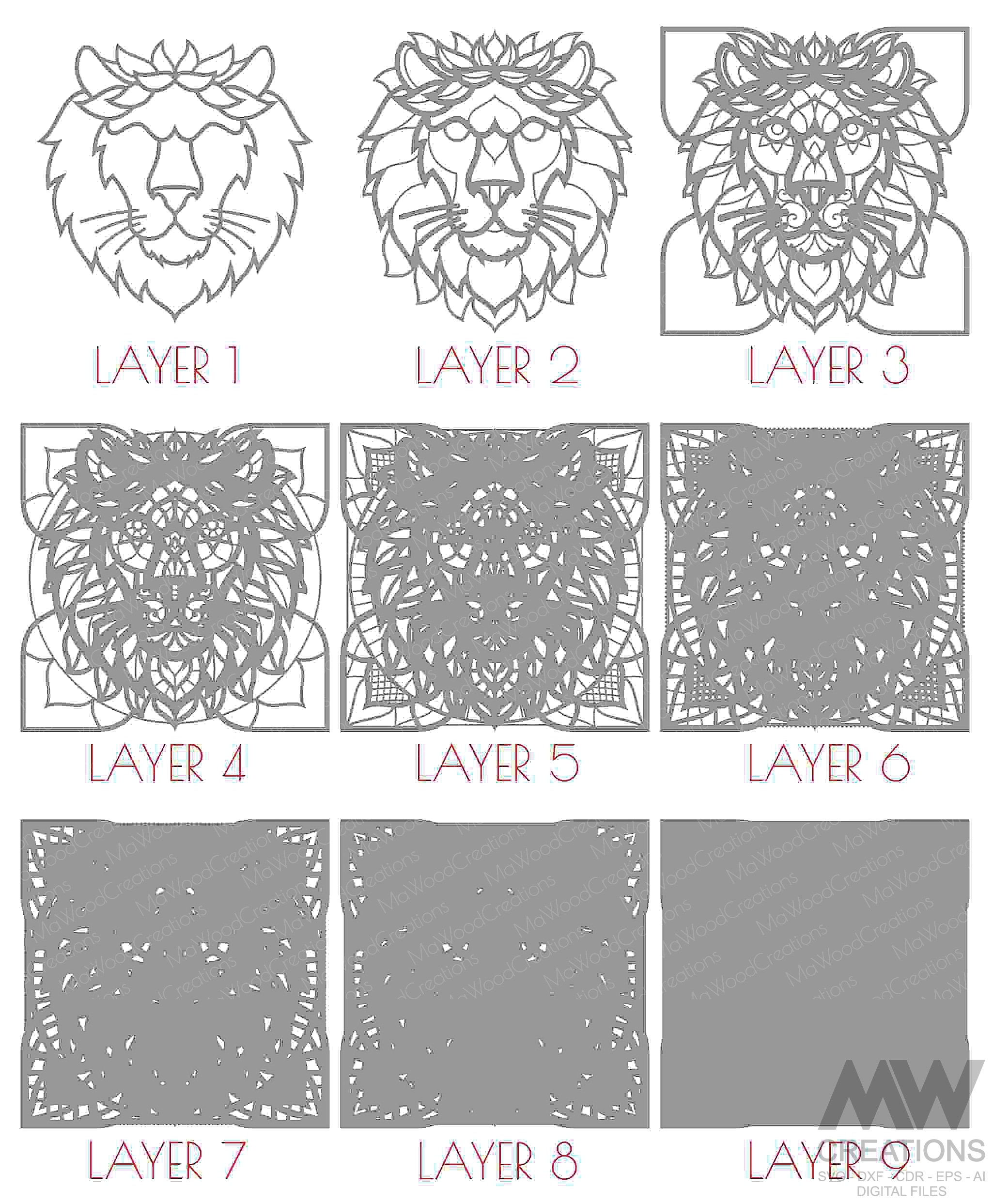 Lion Mandala Laser Cut SVG Dxf, 3D SVG Lion, Layered Lion Head Mandala ...