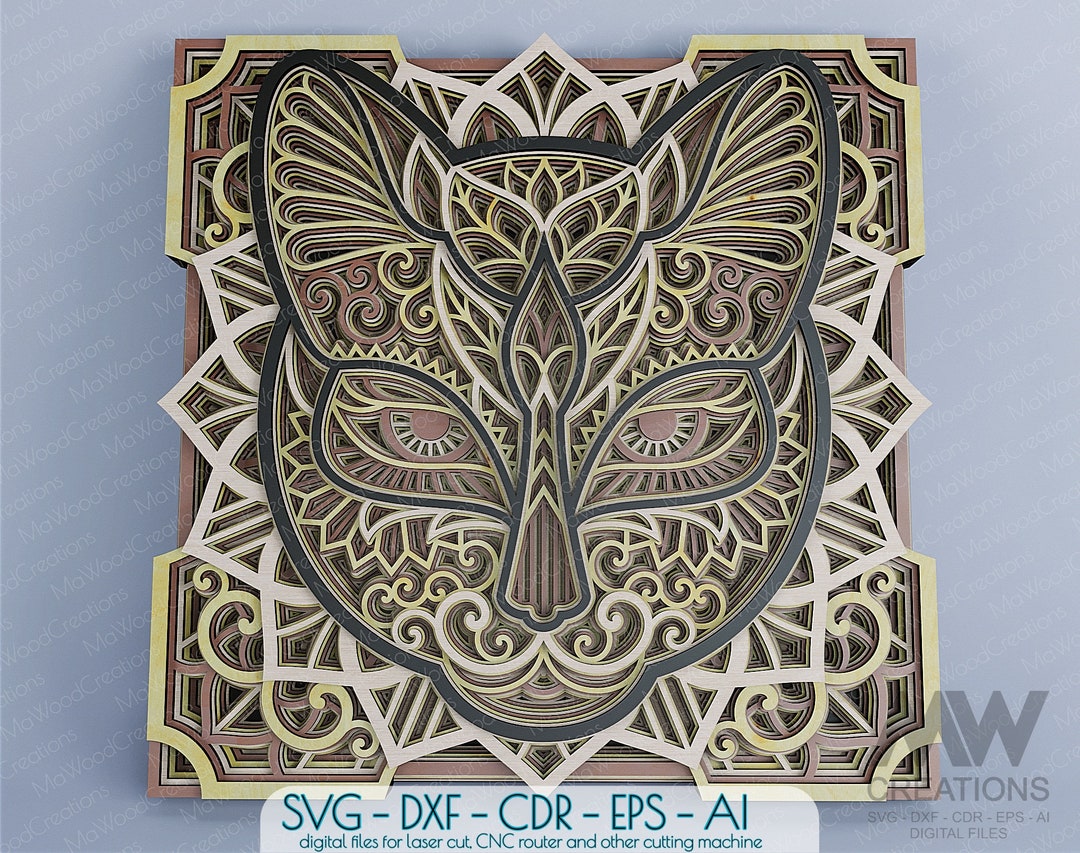 Multilayer Cat Laser Cut File, 3D Cat Svg, Layered Cat Head Mandala Cut ...