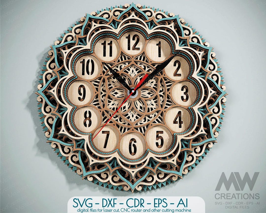 Laser Cut Clock SVG Dxf, Laser Cut Layered Mandala Clock Cutting Files ...
