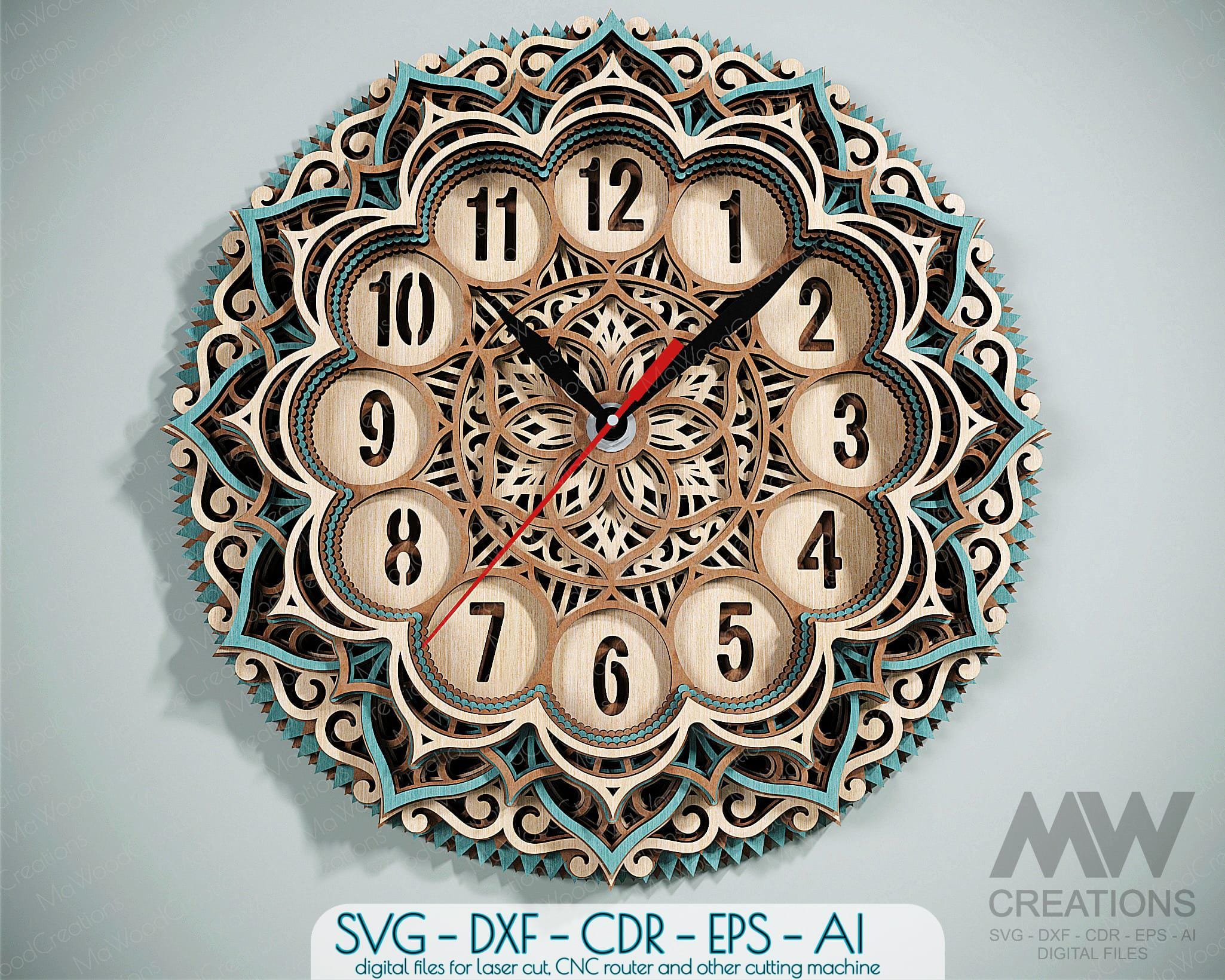 Laser Cut Clock SVG Dxf, Laser Cut Layered Mandala Clock Cutting Files ...