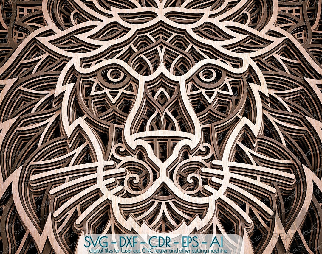 Lion Mandala Laser Cut SVG Dxf, 3D SVG Lion, Layered Lion Head Mandala ...
