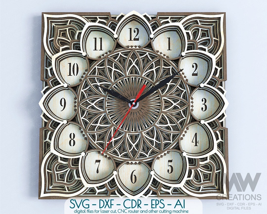 Laser Cut Clock SVG Dxf, Layered Mandala Clock Svg, 3d Svg Clock Files ...