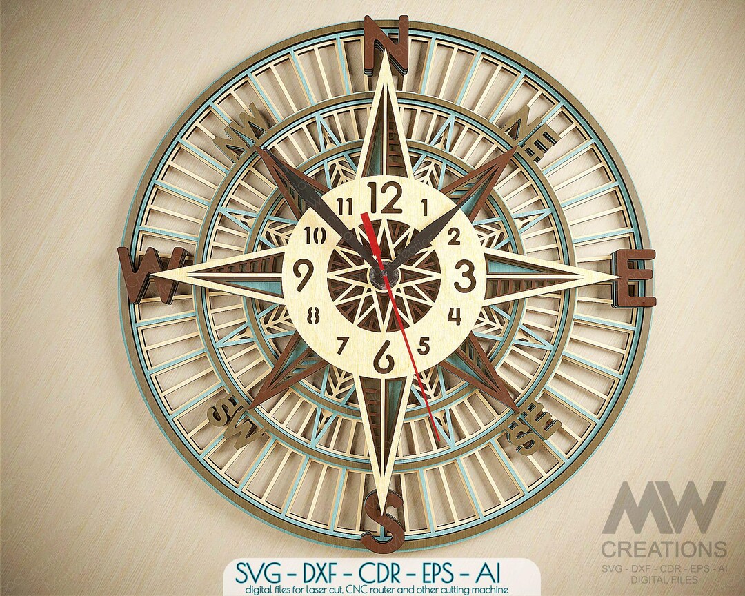 5 Layer Clock Svg, Compass Clock Laser Cut Files, Multi Layer Clock SVG ...
