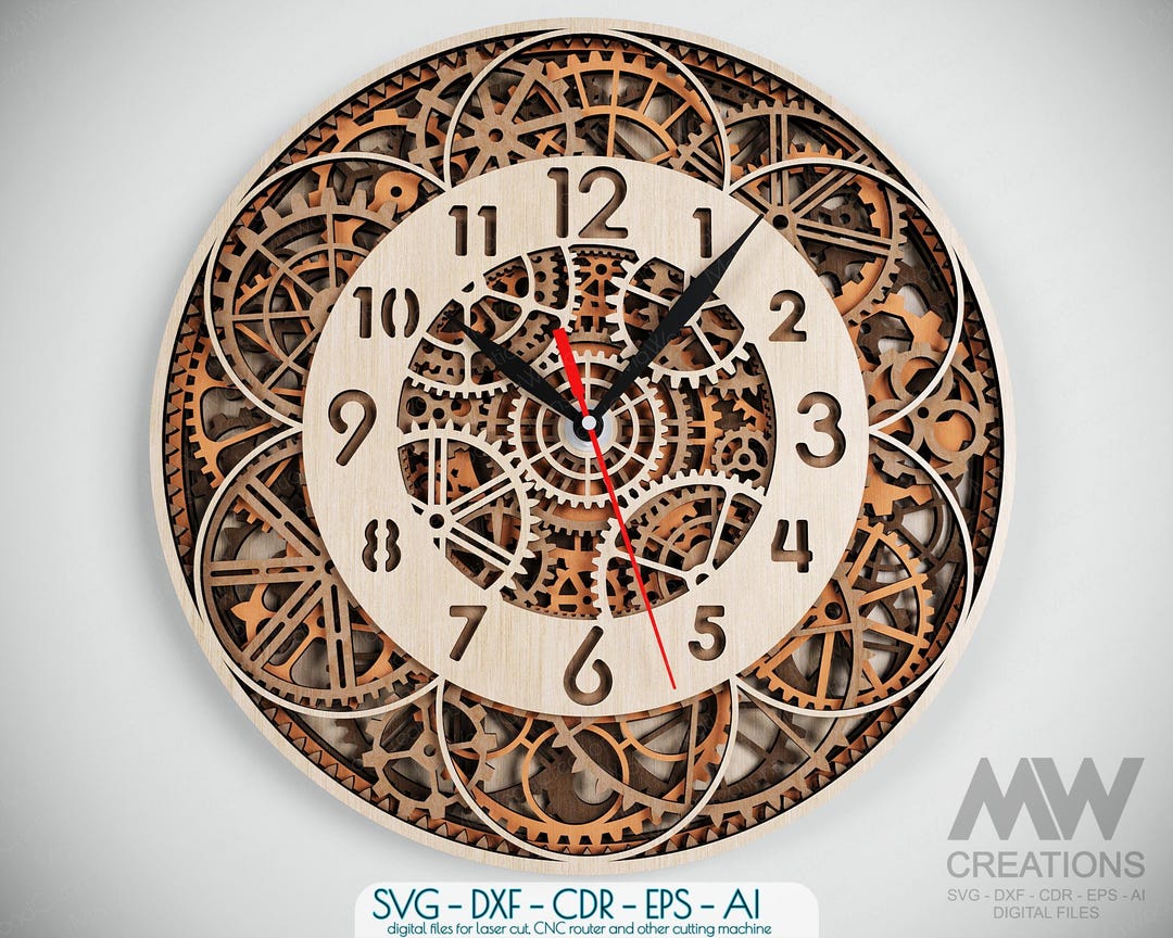 Laser Cut Clock SVG Steampunk Gears Layered Clock SVG Dxf Multi-layer Wood Art CNC Cut Files for ...