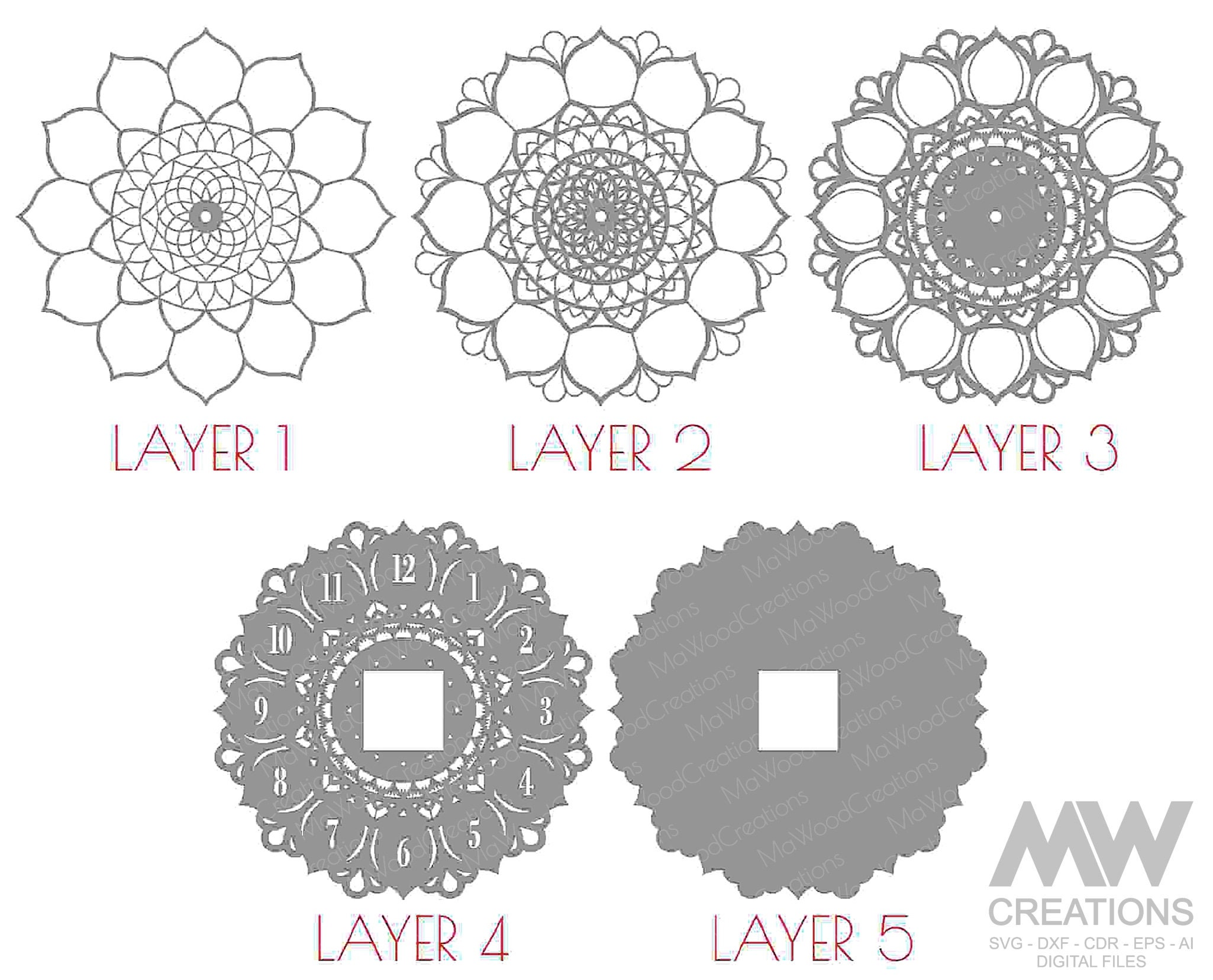 Multilayer Clock SVG Dxf, 5 Layer Clock Svg, Laser Cut Clock, Flower ...