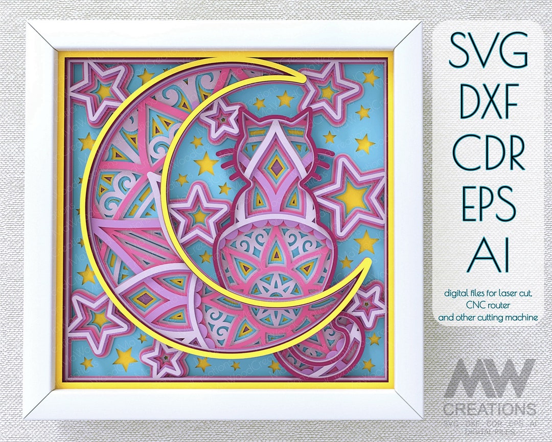 Moon and Cat Mandala SVG, 3d Svg Cat, Layered Moon Cat Svg for Shadow ...