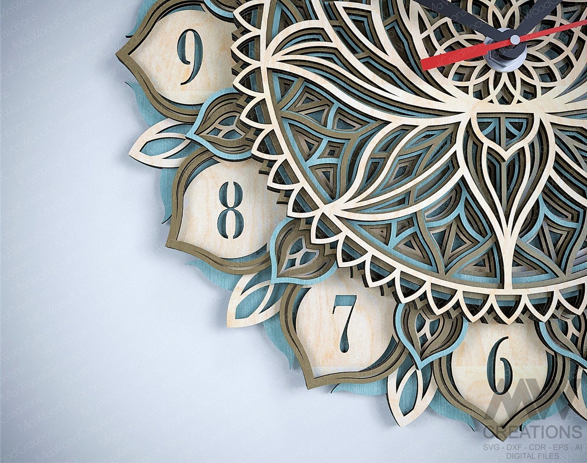 Laser Cut Clock SVG Dxf, Layered Lotus Mandala Clock Svg, Multi-layer ...