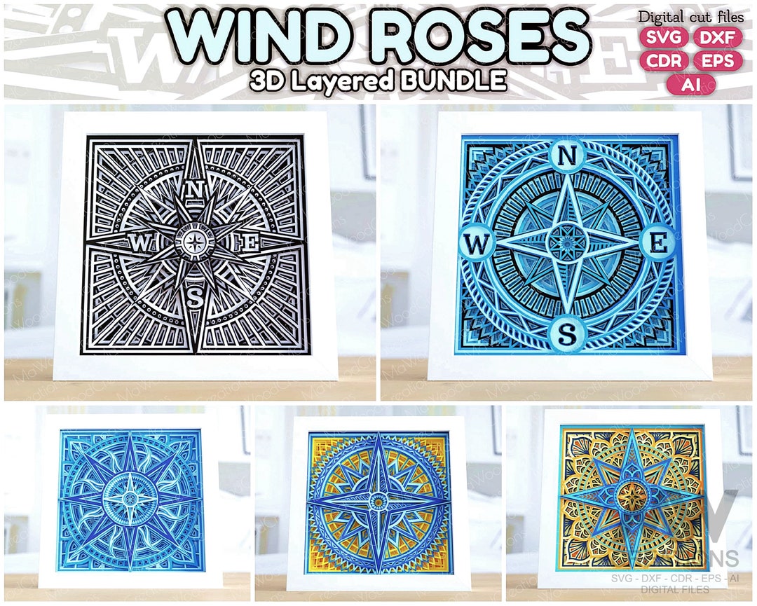 3d Compass SVG Bundle, Layered Compass Bundle, Shadow Box Compass ...