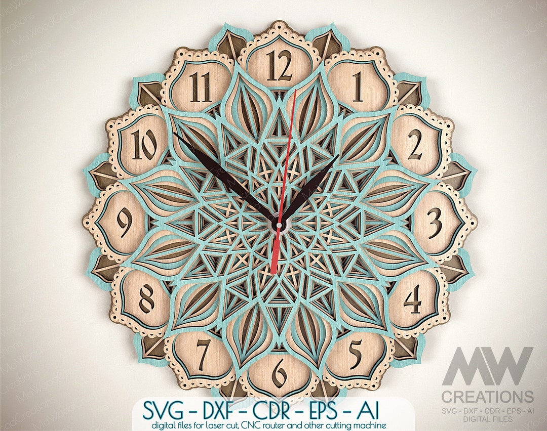 5 Layer Clock Svg, Mandala Clock SVG Dxf, Laser Cut Clock, Flower ...