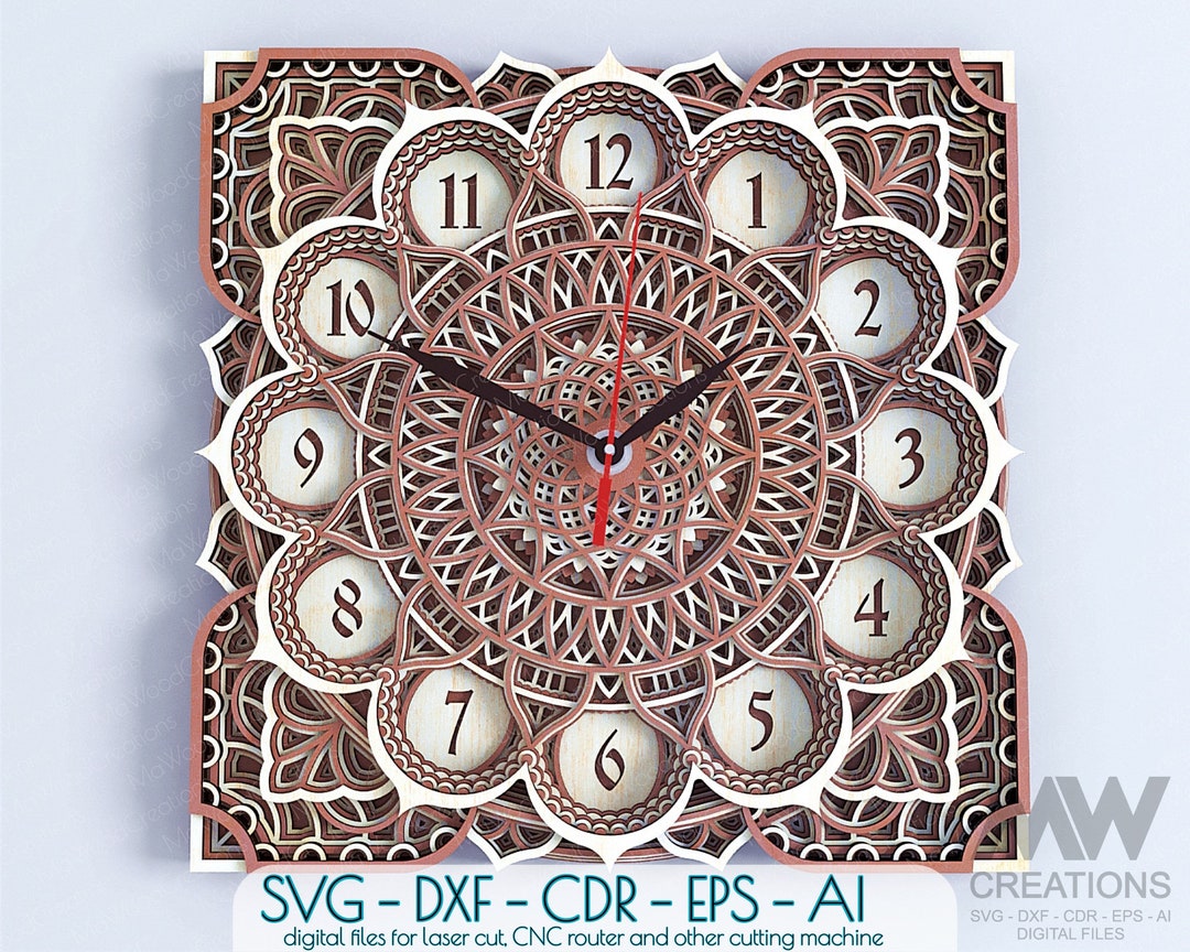 Wall Clock for Laser Cut, Mandala Clock DXF Pattern, 3D Clock SVG DXF ...