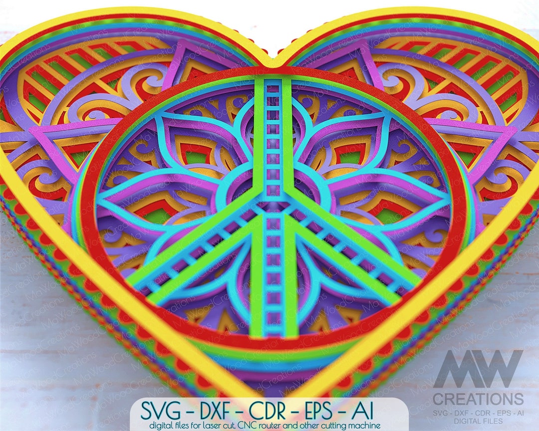 Hippie Heart Mandala Cutting Files, 3D Heart Svg, Multi-layer Heart Svg ...