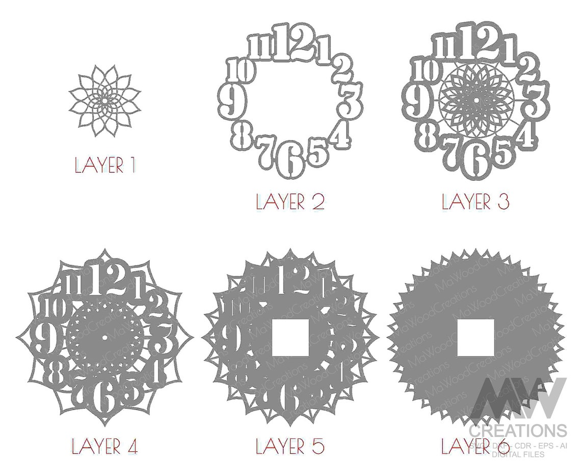 6 Layer Clock Svg, Mandala Clock SVG Dxf, Laser Cut Clock, Flower ...