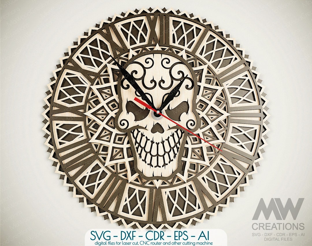 Skull Mandala Clock Svg Dxf, Skull Clock SVG Dxf, Laser Cut Skull ...