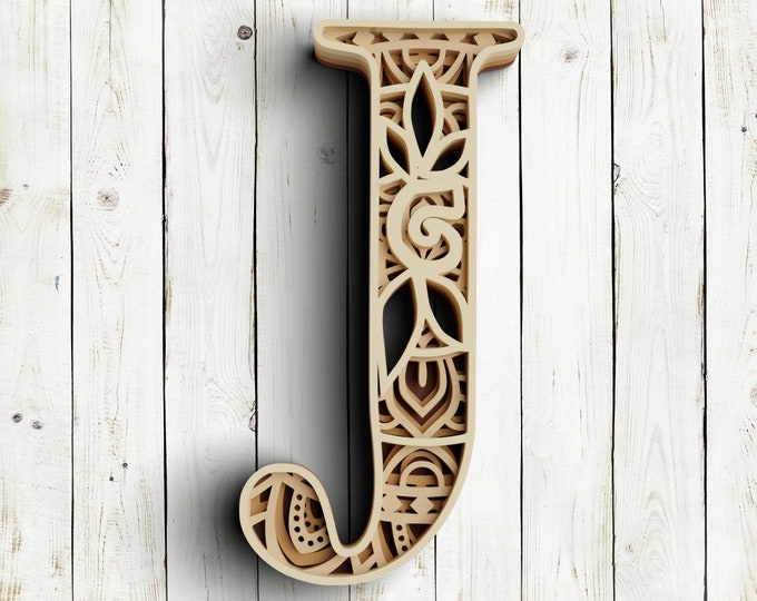 Layered 3D Floral Alphabet SVG Letter J DXF for Plasma Mandala Svg for ...