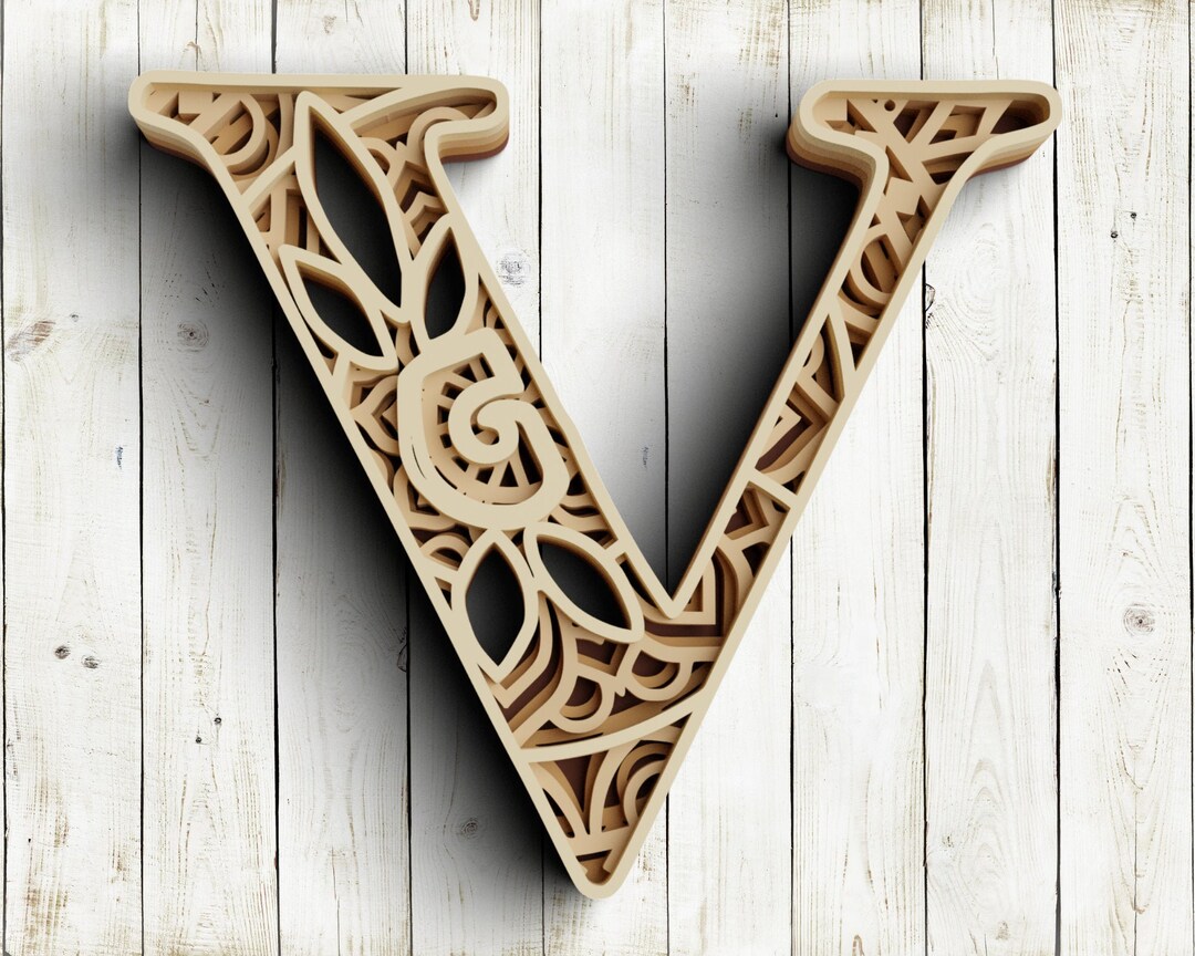 Floral Alphabet SVG Letter V DXF Plasma Files 3D Mandala Cricut ...