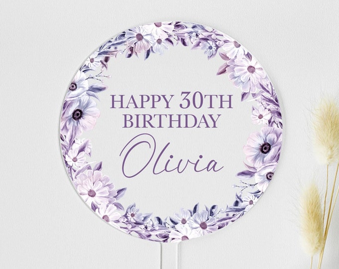 Lilac and Purple Floral Birthday Cake Topper | Personalised Acrylic ...